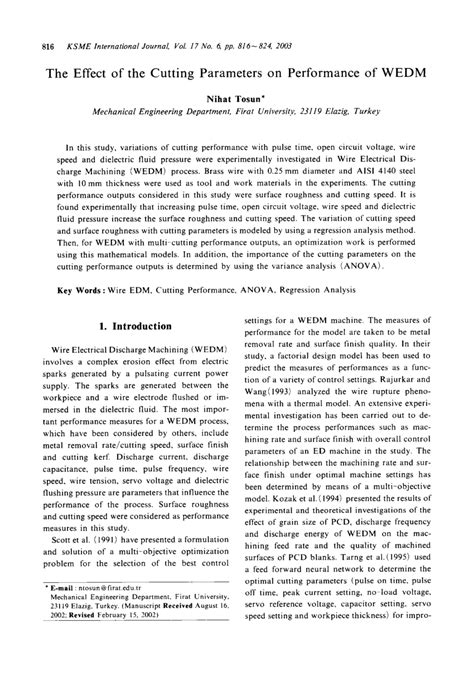 Pdf The Effect Of The Cutting Parameters On Performance Of Wedm