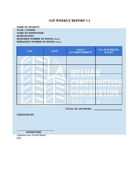 Ojt Weekly Report Template Pdf