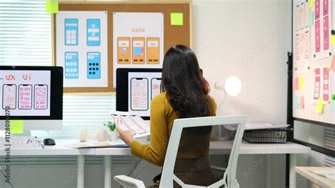 Female Ui Ux Designer Working On Mobile App Design Prototype Uiux Designer Is Analyzing The