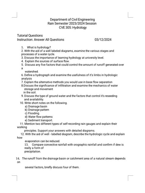 Tutorial Questions Pdf Drainage Basin Hydrology
