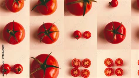 Retro Filtered Grid Layout Of Whole And Sliced Tomatoes On Soft
