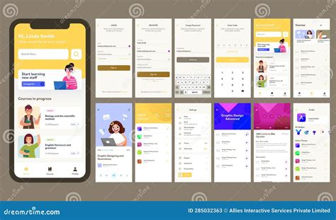 Mobile App Ui Kit Including As Sign In Sign Up Forgot Password Various Courses Screens Stock