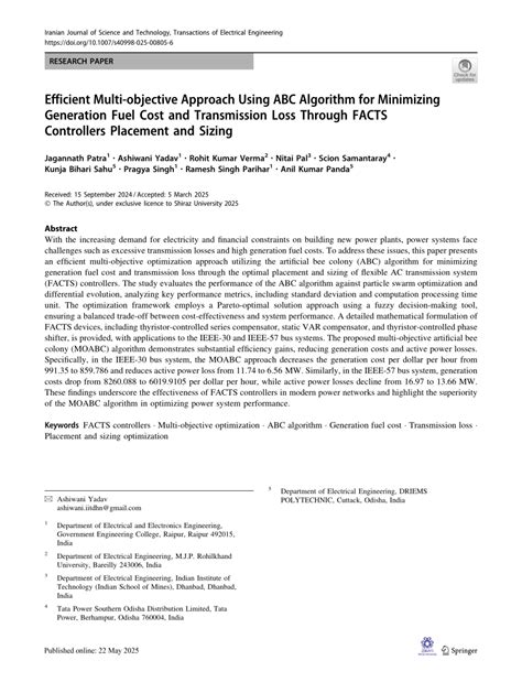 Pdf Efficient Multi Objective Approach Using Abc Algorithm For Minimizing Generation Fuel Cost
