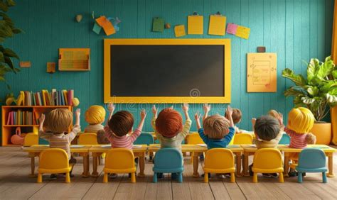 3d Cartoon Classroom With Students Raising Hands Colorful Desks And A