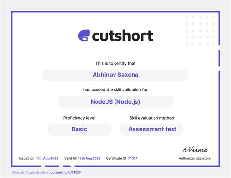 abhinav s skill certificate for nodejs node js cutshort