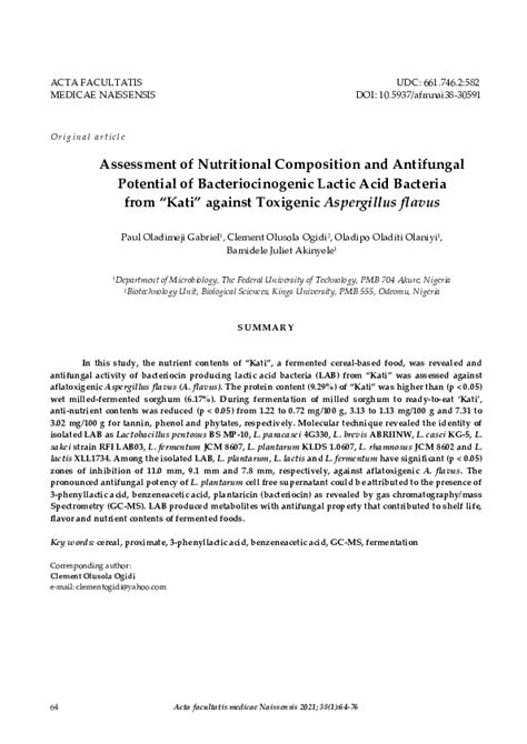 Pdf Assessment Of Nutritional Composition And Antifungal Potential Of