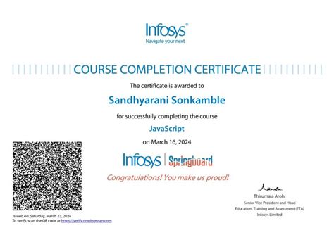 Completed JavaScript course with Infosys Springboard | Sandhya Sonkamble posted on the topic ...
