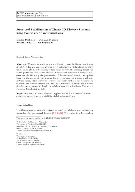 PDF Structural Stabilization Of Linear D Discrete Systems Using Equivalence Transformations