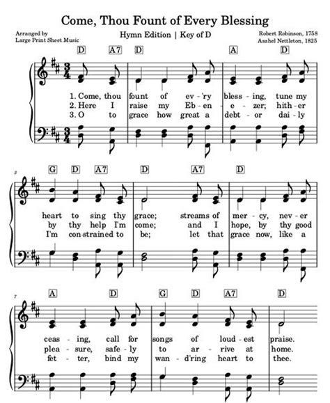 Come Thou Fount Hymn Large Print Hymnbook Version Key Of D Sheet