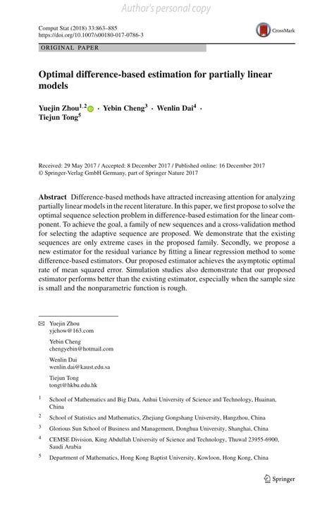 Pdf Optimal Difference Based Estimation For Partially Linear Models