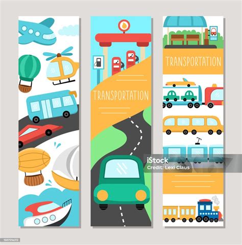 버스 자동차 보트 트럭으로 설정된 귀여운 운송 수직 카드 벡터 로드 트립 수직 인쇄 템플릿입니다 태그 엽서 비행기 광고 기차 버스 정류장 주유소 리무진에 대한 운송 책갈피