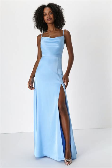 Light Blue Satin Dress Satin Maxi Dress Cowl Neck Dress Lulus