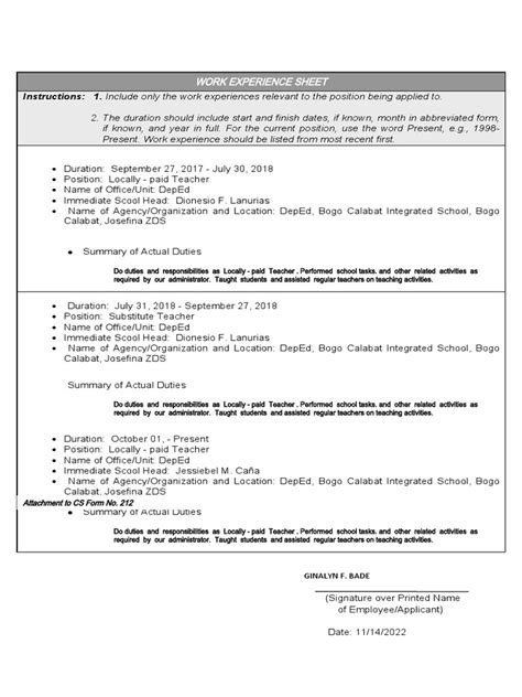 Cs Form No 212 Work Experience Sheet Pdf Behavior Modification