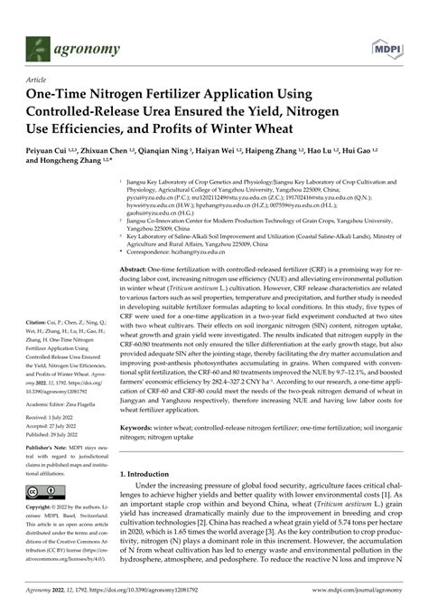 (PDF) One-Time Nitrogen Fertilizer Application Using Controlled-Release Urea Ensured the Yield ...