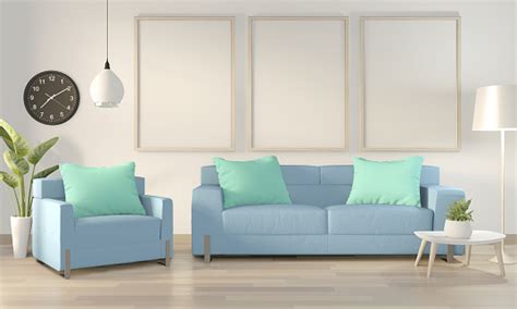 파란색 소파와 장식 식물이 있는 흰색 거실에서 포스터 프레임을 바닥에 깔아 보입니다3d 렌더링 0명에 대한 스톡 사진 및 기타 이미지 Istock