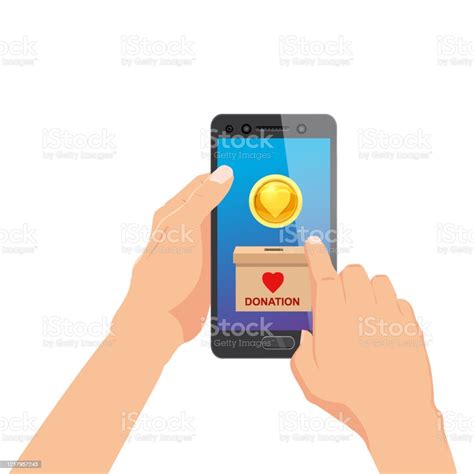 온라인 지불에 의해 돈을 기부 하는 Consept 스마트 폰 화면에 금화와 기부 상자 버튼 핸드는 스마트폰을 수납하고 있습니다 현대 자선 단체 벡터 일러스트레이션 분리