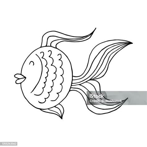 윤곽 마법의 물고기 손으로 그리기 스타일의 해양 테마 아이콘 의류용 아이콘 배지 스티커 인쇄 그래픽 프린트에 대한 스톡 벡터