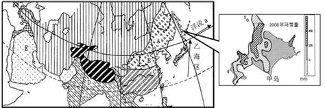下图为亚洲部分地区某自然要素分布图 箭头表示洋流方向 读图回答问题 1 A B C三地气温年较差由大到小依次是 A→b→c自然景观的过渡体现了地理环境 的地域分异规律 2 乙海区洋流的