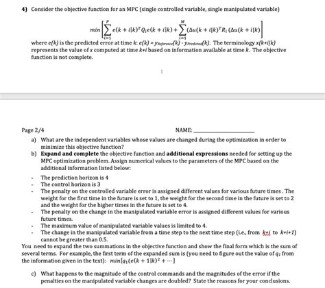 M 4 Consider The Objective Function For An Mpc