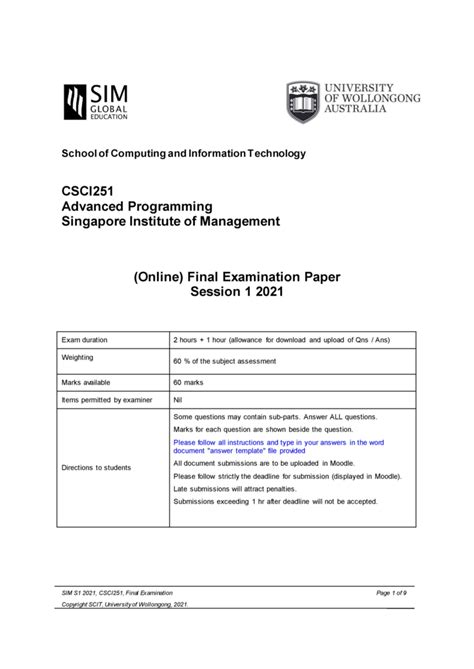 Csci251 Final Exam Mar2021 Sim University Of Wollongong Global Australia Education School Of