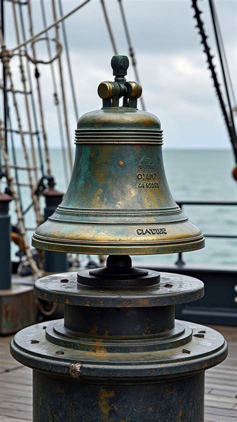 historic maritime ship bell on deck against ocean background stock