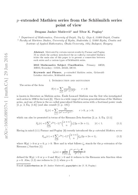 Pdf P Extended Mathieu Series From The Schlömilch Series Point Of View