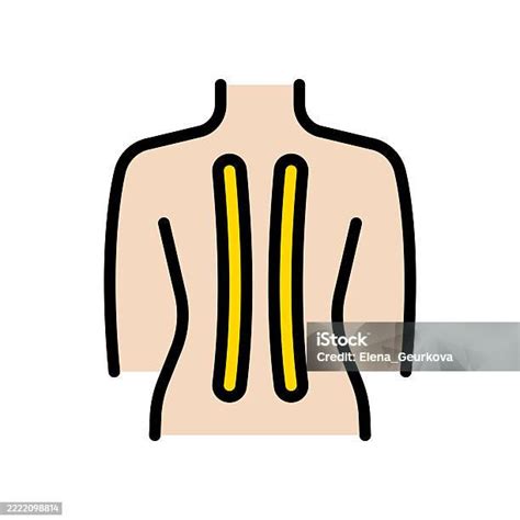 뒤로 Kinesio 테이프 스트립 척추 색상 아이콘 신축성 있는 치료 테이프 근육 붓기 및 통증 감소 분리된 윤곽선 기호 그림 Kinesiotherapy에 대한 스톡 벡터