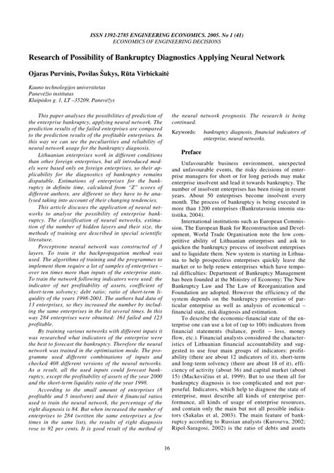 Pdf Research Of Possibility Of Bankruptcy Diagnostics Applying Neural