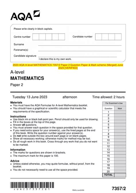 AQA A Level MATHEMATICS Paper Question Paper Mark Scheme Merged June
