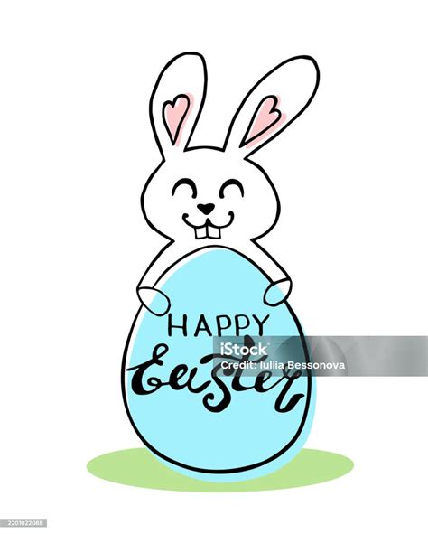 달걀 모양의 프레임에 행복한 부활절 글자가 새겨진 귀여운 재미있는 토끼의 윤곽 벡터 손으로 그린 개요 낙서 그림 클립 아트 휴일 캐릭터와 배경 계절에 대한 스톡 벡터 아트