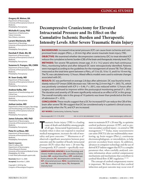 Pdf Decompressive Craniectomy For Elevated Intracranial Pressure And Its Effect On The