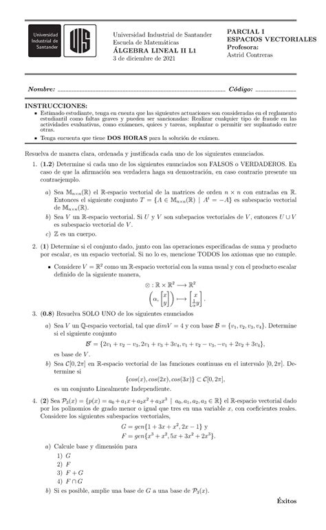 Alconmen Lgebra Ii Parcial 1 L1 Universidad Industrial De Santander