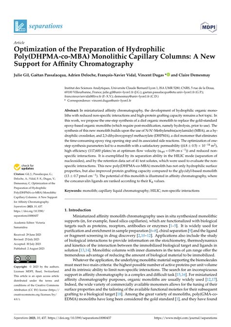 Pdf Optimization Of The Preparation Of Hydrophilic Polydhpma Co Mba Monolithic Capillary