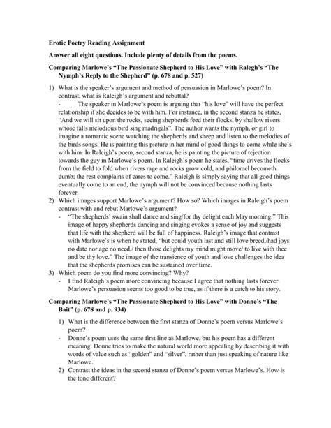 Erotic Poetry Analysis Marlowe Ralegh Donne