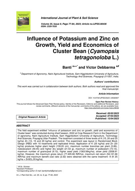 (PDF) Influence of Potassium and Zinc on Growth, Yield and Economics of Cluster Bean (Cyamopsis ...
