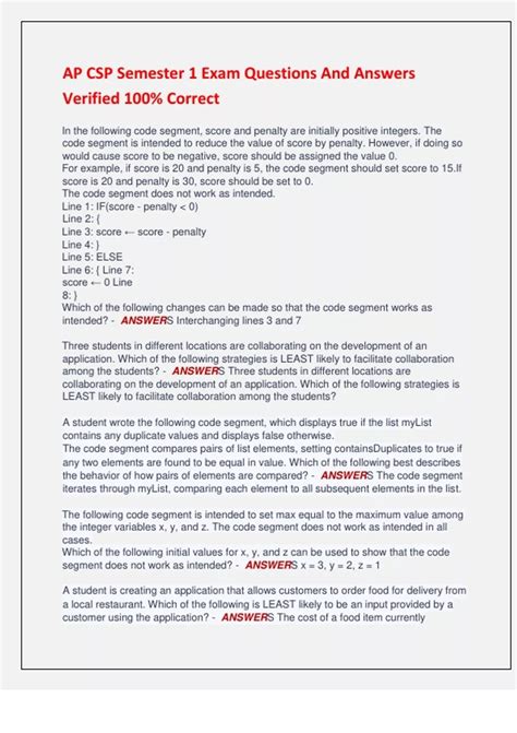 Ap Csp Semester 1 Exam Questions And Answers Verified 100 Correct Ap Csp Semester 1 Stuvia Us