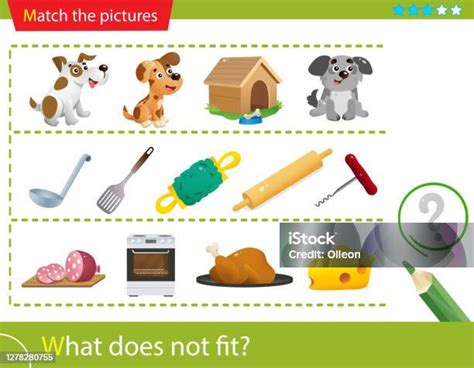 아이들을위한 논리 퍼즐 무엇이 맞지 않습니까 개 주방 용품 음식 일치하는 게임 아이들을위한 교육 게임 미취학 아동을위한 워크 시트 벡터 디자인 0명에 대한 스톡 벡터 아트