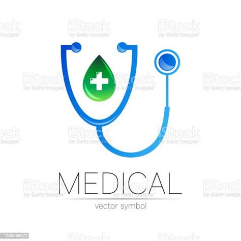 청진기와 십자가 벡터 로고 타입의 블루와 그린 컬러 의사 클리닉 병원 및 진단을위한 의료 기호 로고 또는 아이덴티티 스타일을 위한 현대적인 컨셉 체력에 서명합니다 흰색으로