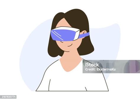 가상 현실 헤드셋을 사용하는 웃는 여자 현대 Vr 기술 벡터 고립된 만화 편평한 삽화 3차원 형태에 대한 스톡 벡터 아트 및 기타 이미지 Istock