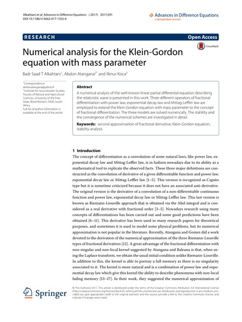 Pdf Numerical Analysis For The Klein Gordon Equation With Mass Parameter