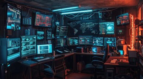 Hackers Lair A Dark Cluttered Room Filled With Multiple Monitors Coding
