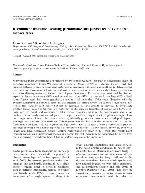 Pdf Recruitment Limitation Seedling Performance And Persistence Of