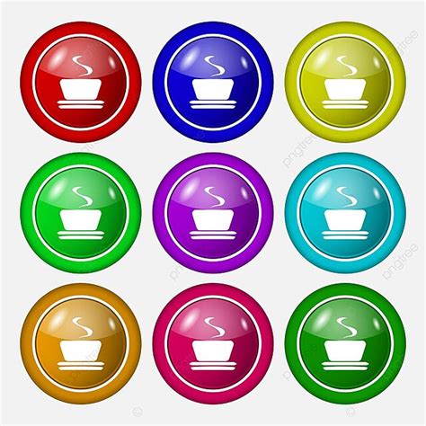 Vector Set Of Nine Round Colorful Buttons Featuring Iconic Symbols For Coffee And Tea Vector