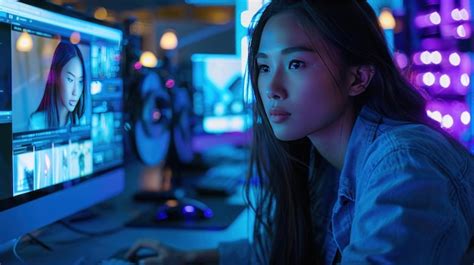 Premium Photo Asian Woman Is Looking At A High Technology Digital