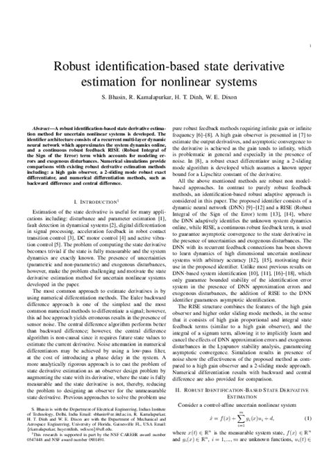 Pdf Robust Identification Based State Derivative Estimation For