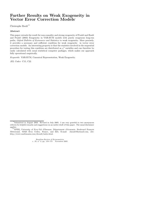 Pdf Further Results On Week Exogeneity In Vector Error Correction Models