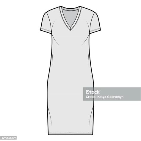 V넥 반소매 무릎 길이 오버사이즈 바디 펜슬 풀이 있는 티셔츠 드레스 테크니컬 패션 일러스트 0명에 대한 스톡 벡터 아트 및 기타 이미지 Istock