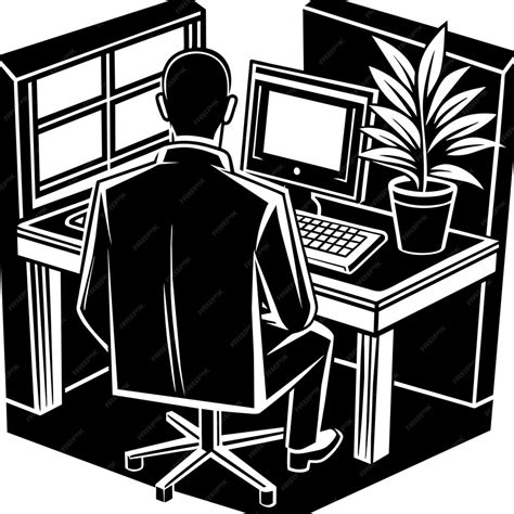 Premium Vector A Man Sits At A Desk And Works On A Computer