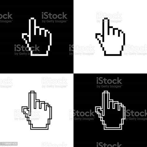 흑백 배경에서 픽셀 손 커서 아이콘을 격리된 설정합니다 포인터 손 커서 벡터 일러스트레이션 에 대한 스톡 벡터 아트 및 기타 이미지 Istock