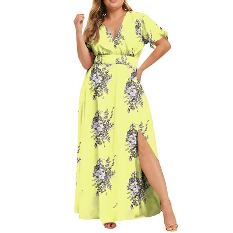 Atogsazn Women Plus Size Floral Print V Neck Maxi Dresses Casual Short